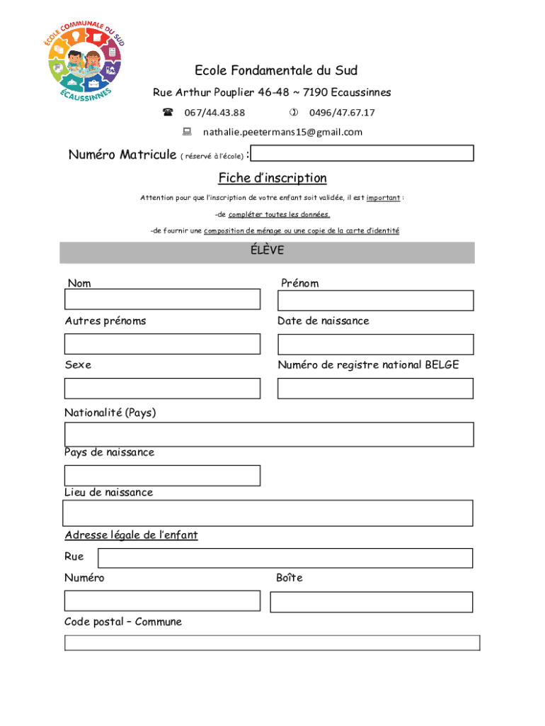 Remplissable En Ligne Ecole Fondamentale du Sud Numro Matricule Fiche dinscription Fax Email ...