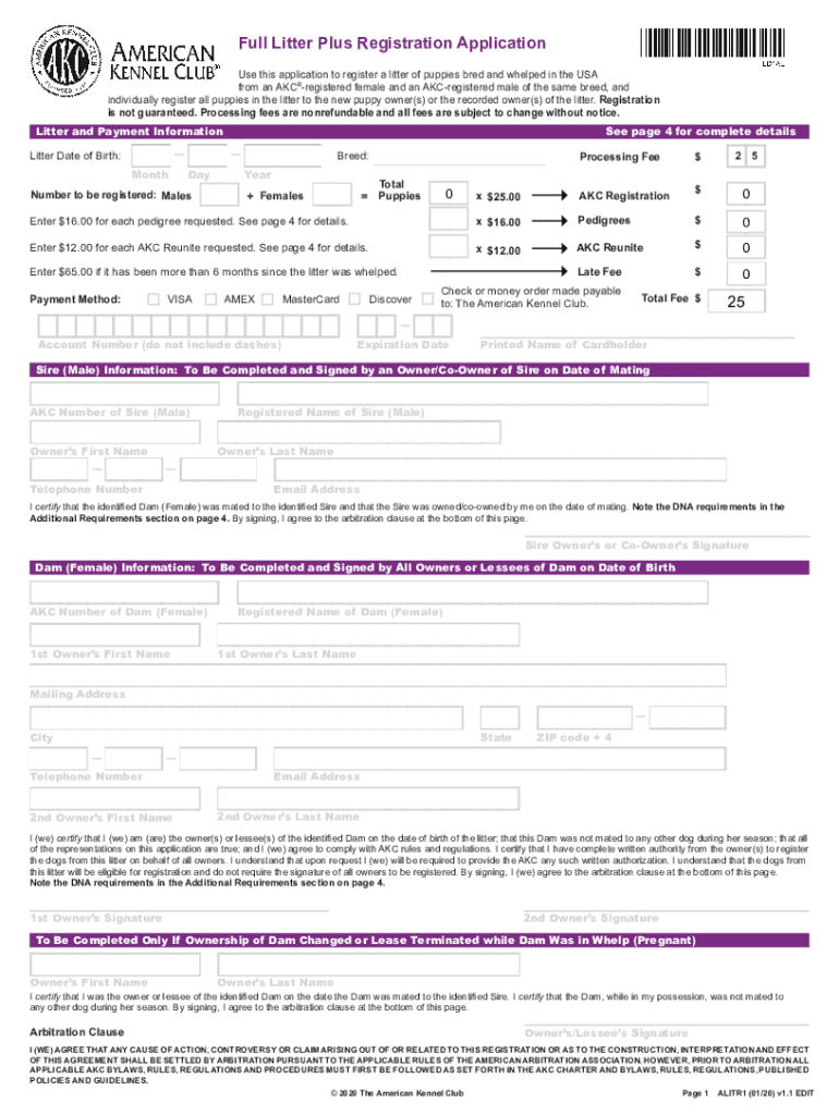Fillable Online Full Litter Plus Registration Application - US Legal ...