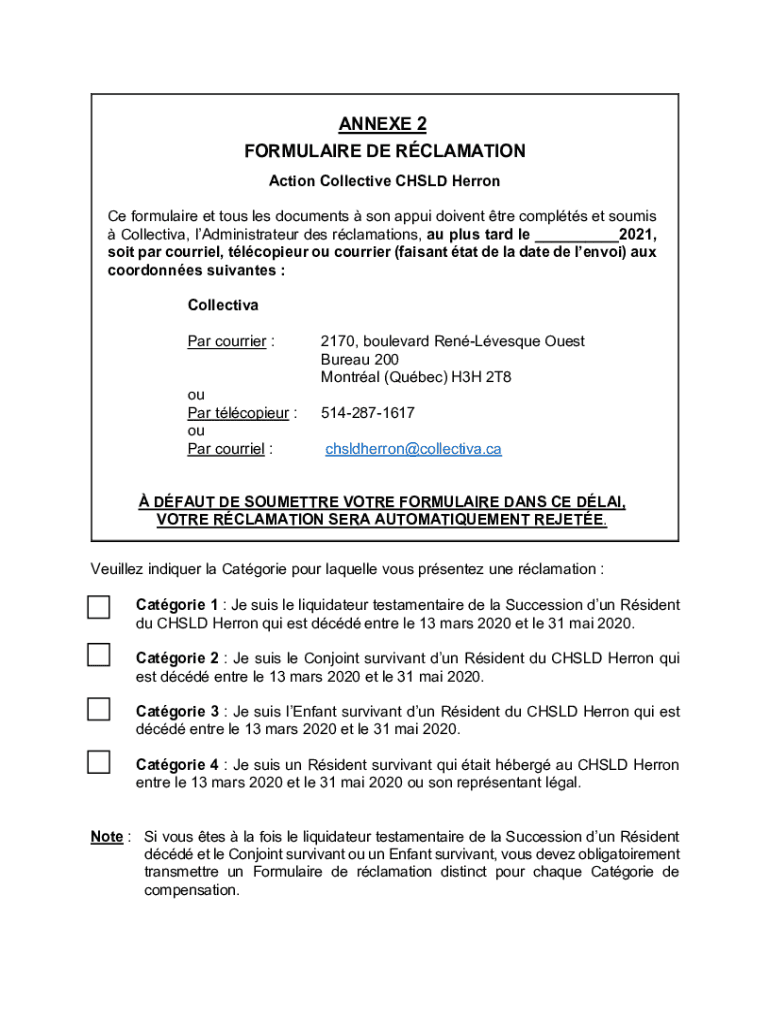 Remplissable En Ligne ANNEXE 2 FORMULAIRE DE RCLAMATION Fax Email Imprimer - pdfFiller
