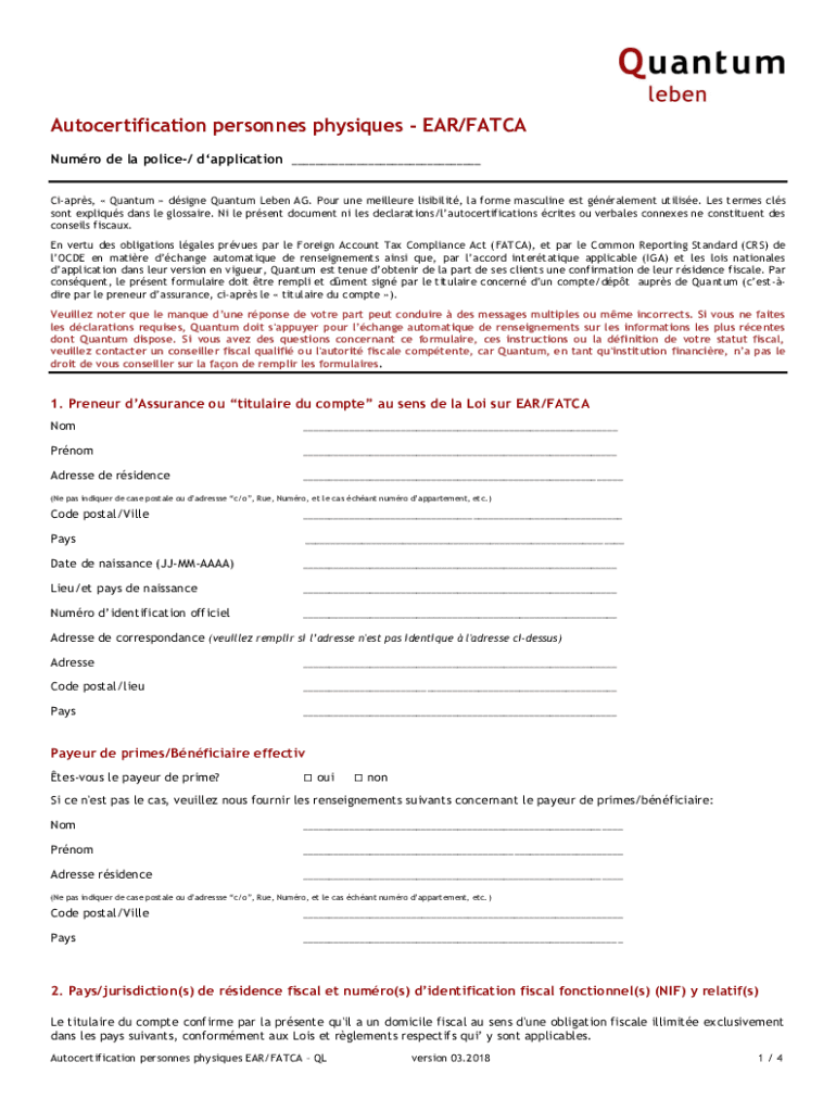 Remplissable En Ligne Autocertification personnes physiques - EAR/FATCA ...