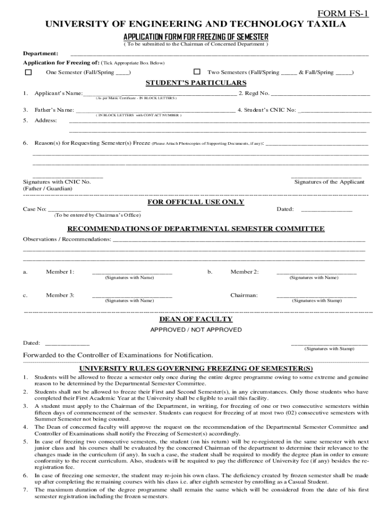 Fillable Online web uettaxila edu Freezing-Semester-Form-FS1.doc - FORM ...