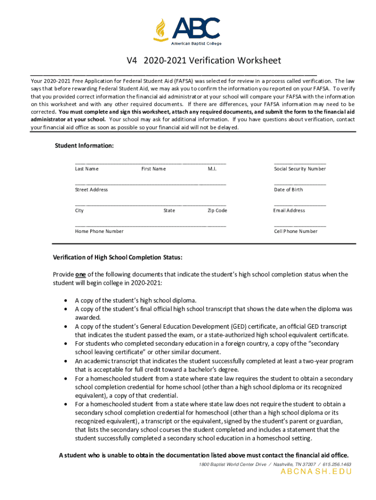 Fillable Online V4 2020-2021 Verification Worksheet Fax Email Print - pdfFiller