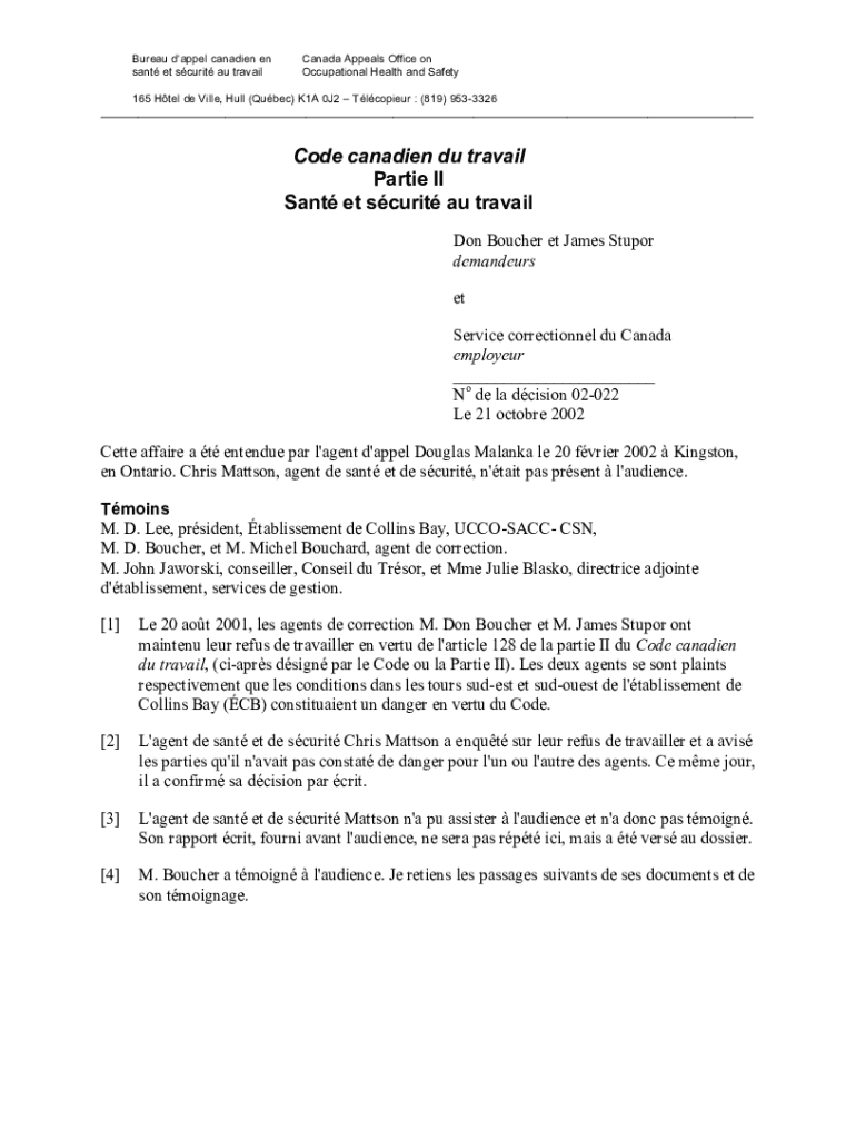 Fillable Online Code canadien du travail Partie II Sant et scurit au ...