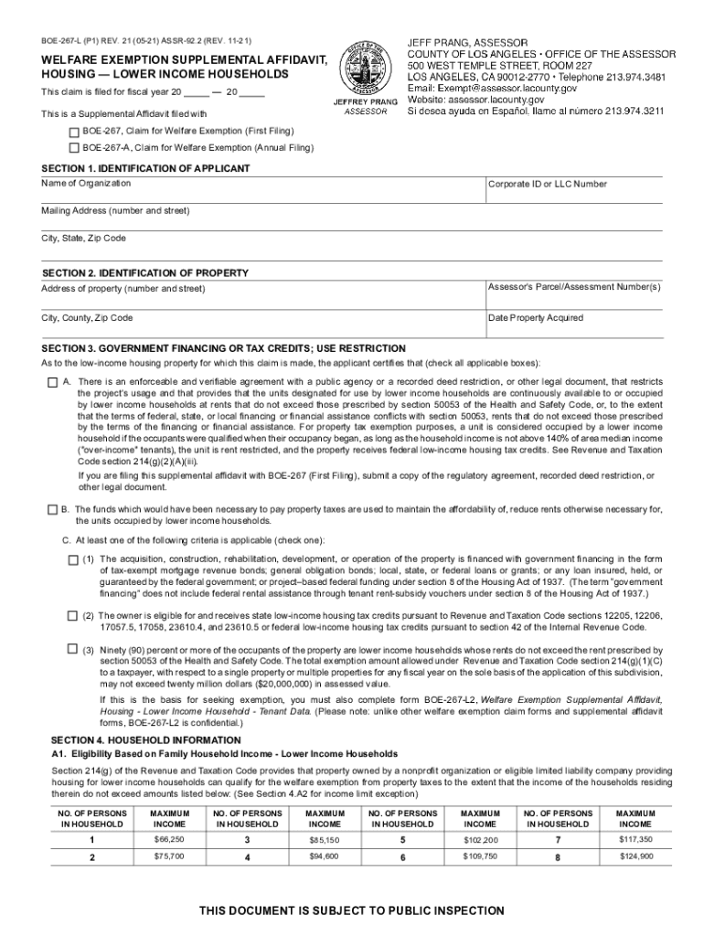 Fillable Online Get the free Welfare Exemption Supplemental Affidavit ...
