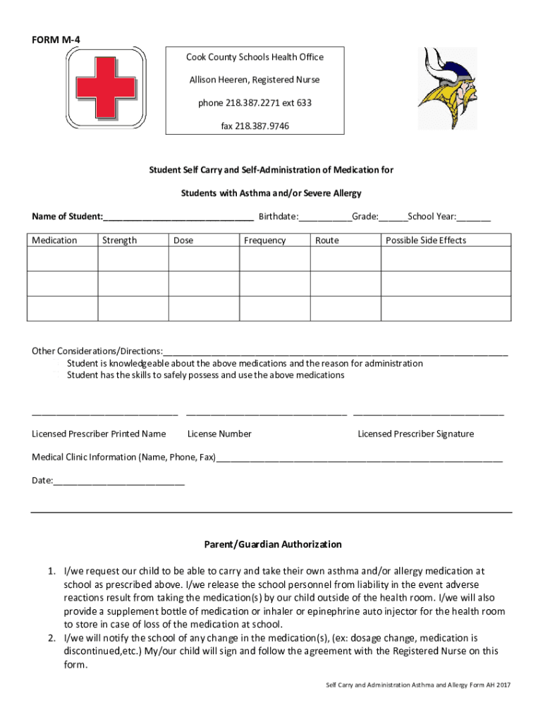 Fillable Online Form M 4 Asthma and Allergy medication SELF Carry and ...