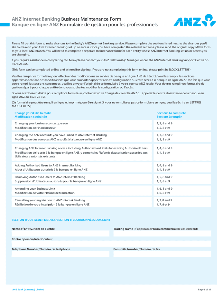 Fillable Online ANZ Internet Banking Business Maintenance Form Banque ...