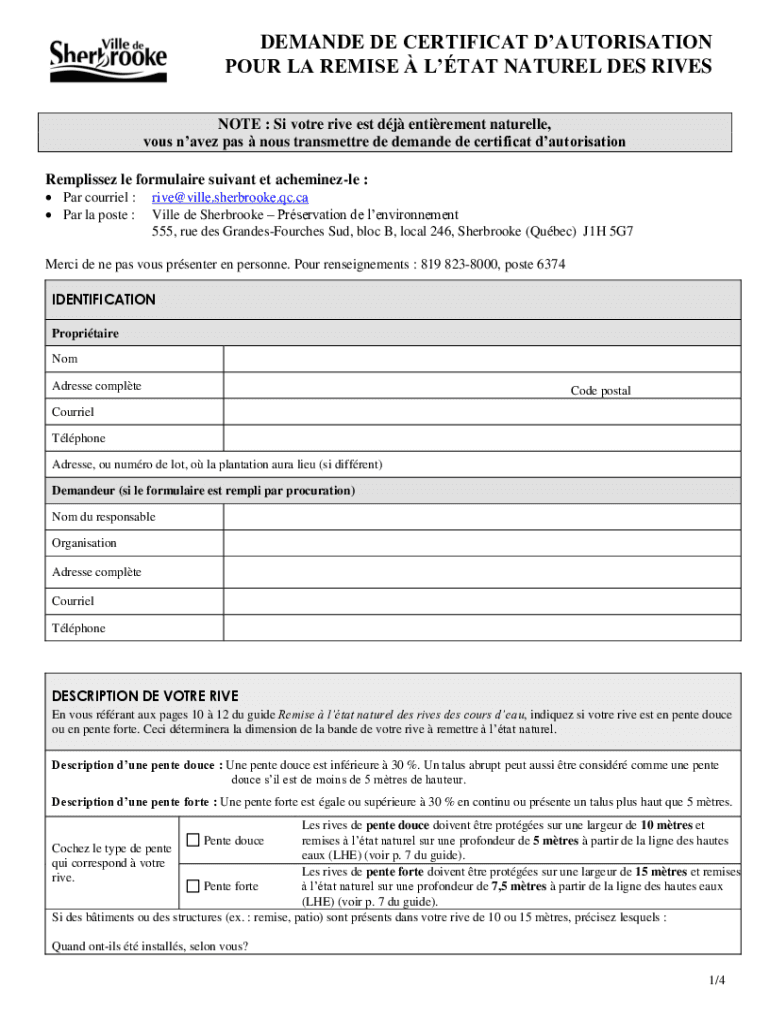 Remplissable En Ligne Demande de certificat d'autorisation pour la remisel'tat naturel des rives ...