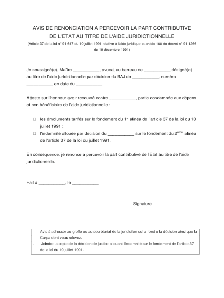Fillable Online avis de renonciation a percevoir la part contributive ...