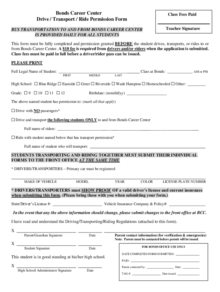 Fillable Online Fillable Online Drive / Transport / Ride Permission ...