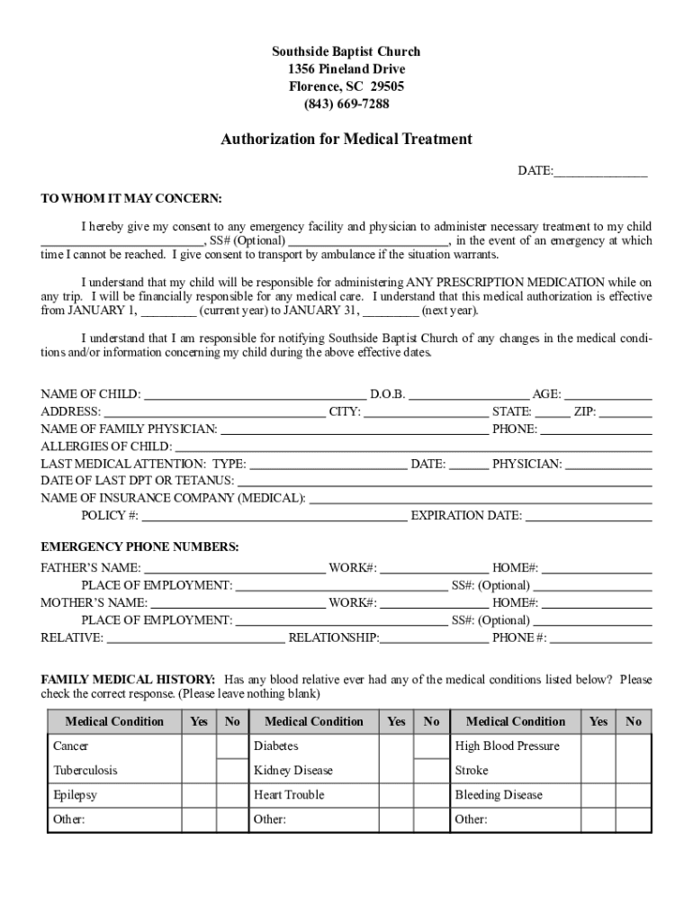 Fillable Online Southside Baptist Church 1356 Pineland Dr Florence, SC ...