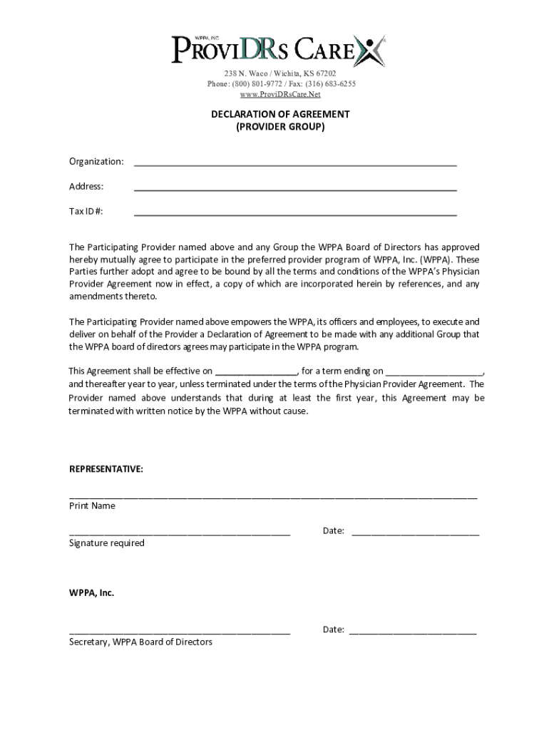 Fillable Online DECLARATION OF AGREEMENT (PROVIDER GROUP) Fax Email ...