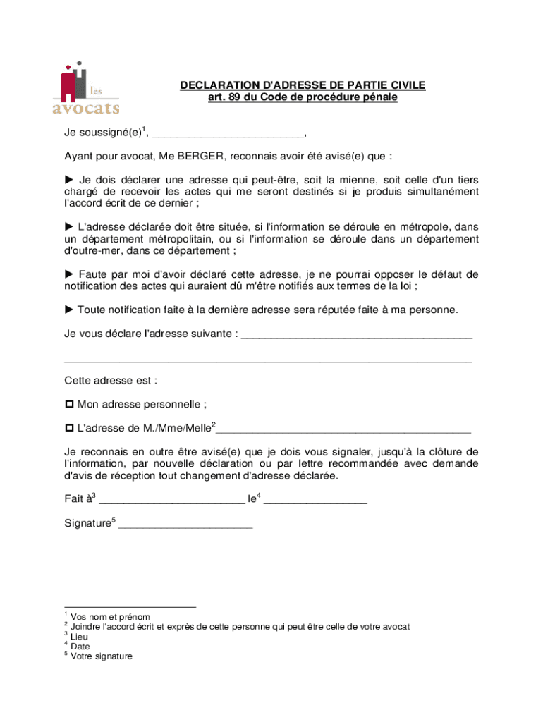 Remplissable En Ligne DECLARATION D'ADRESSE DE PARTIE CIVILE art. 89 du ...