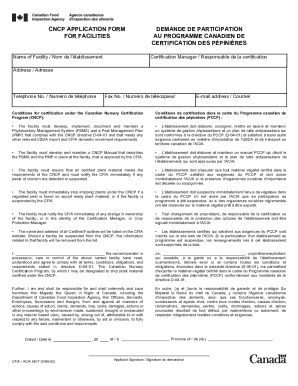 Fillable Online CNCP APPLICATION FORM FOR FACILITIES. CFIA / ACIA 5407 ...