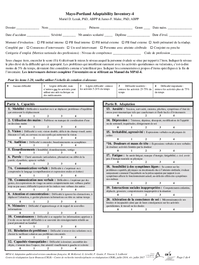 Remplissable En Ligne Mayo-Portland Adaptability Inventory-4pdf - Fill ...