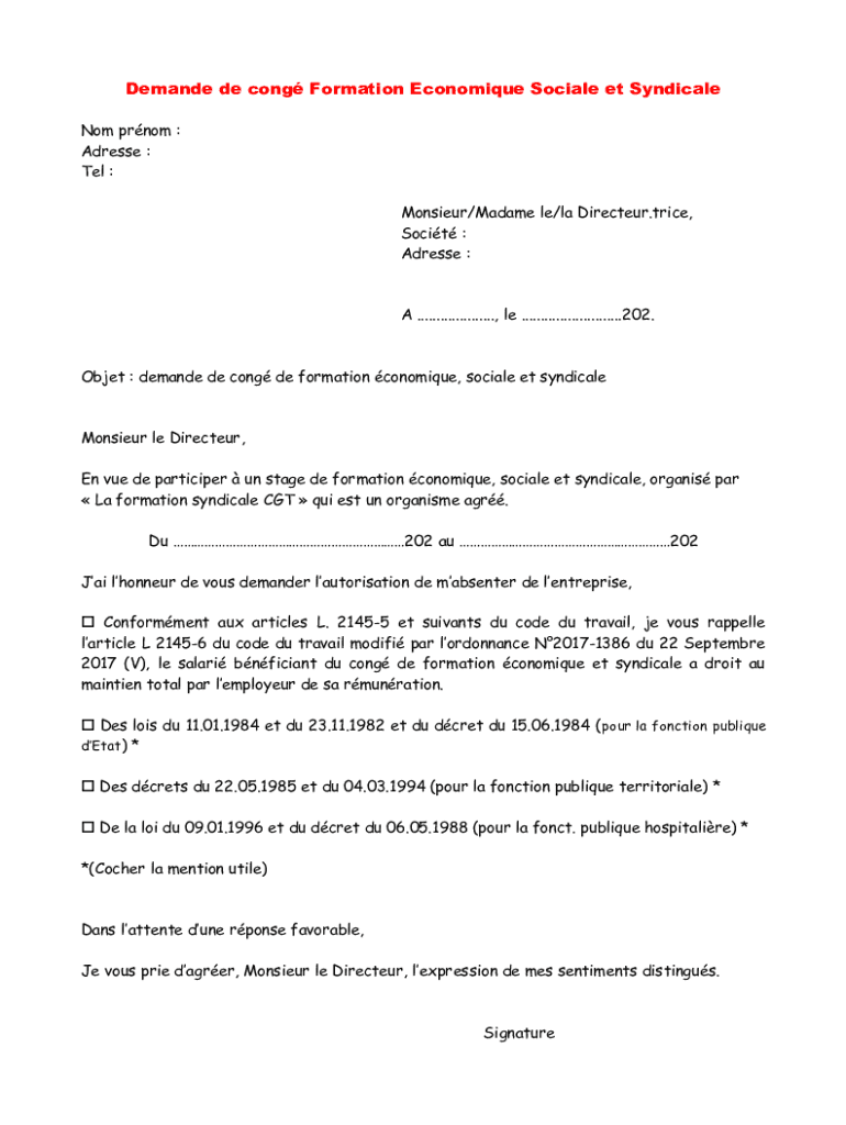 Remplissable En Ligne Demande de cong Formation Economique ... - calvados.cgt.fr Fax Email ...