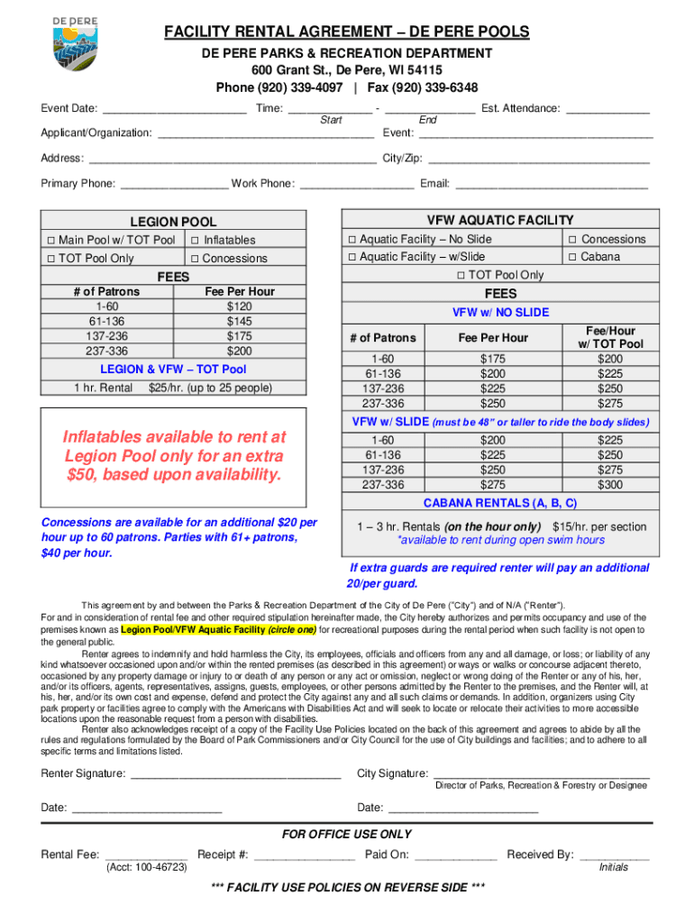 Fillable Online Fillable Online pool facility rental agreement Fax ...