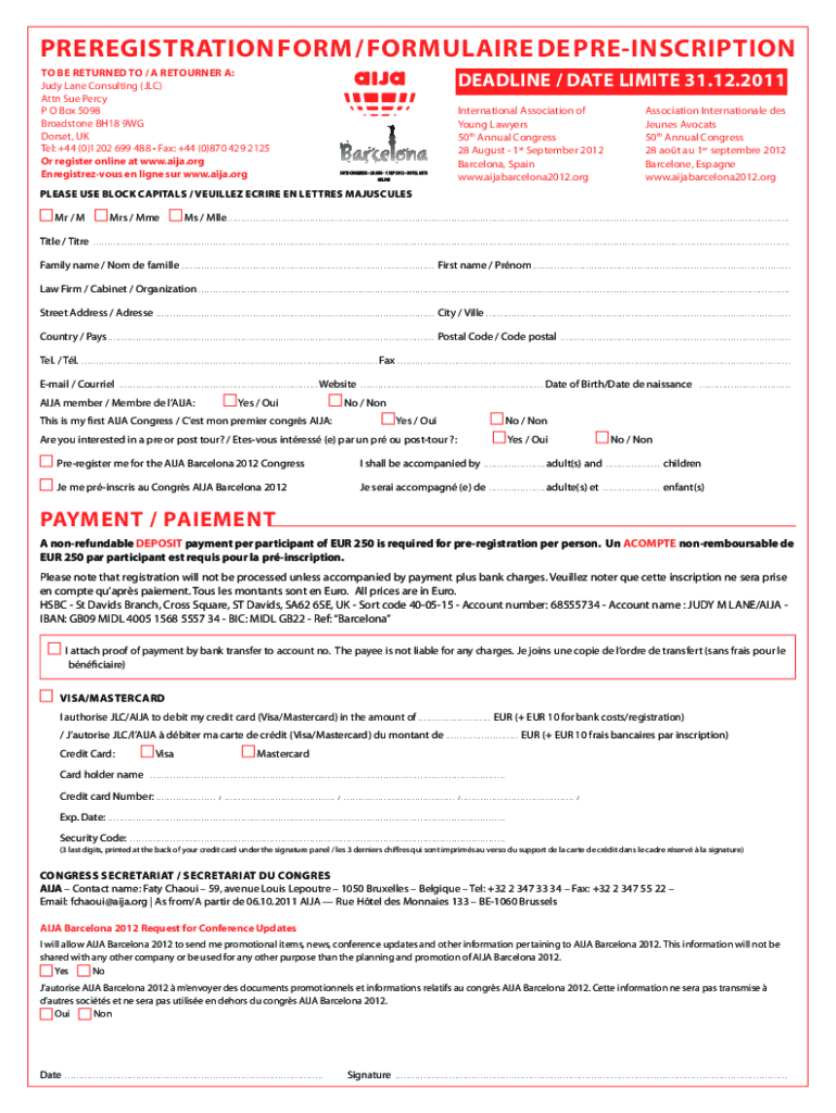 Fillable Online PREREGISTRATION FORM / FORMULAIRE DE PRE-INSCRIPTION ...