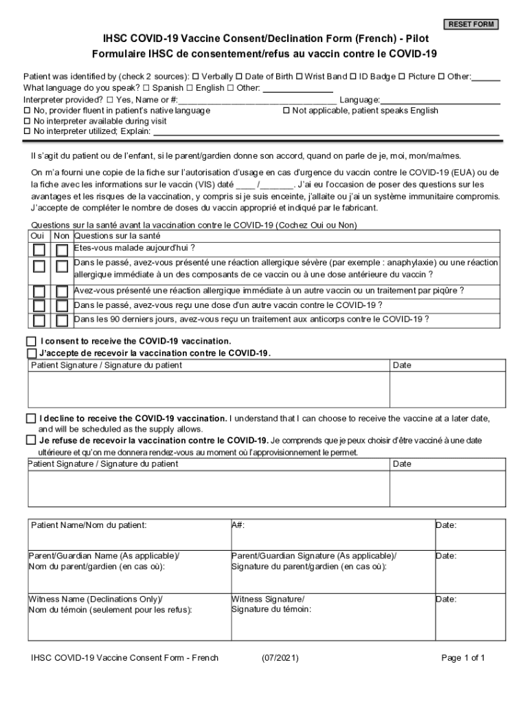 Fillable Online IHSC COVID-19 Vaccine Consent/Declination Form (French ...