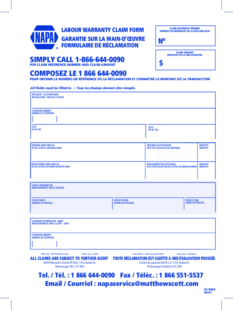 Fillable Online LABOUR WARRANTY CLAIM FORM NUMRO DE RFRENCE DE LA ...
