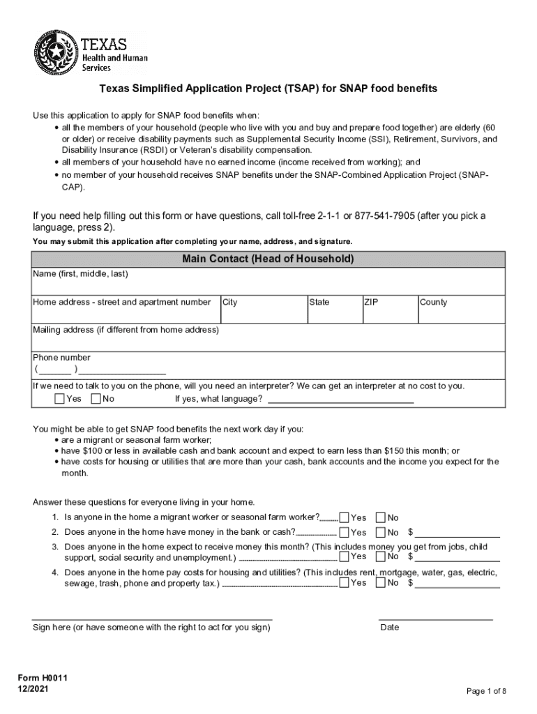 Fillable Online Form H0011, Texas Simplified Application Project (TSAP ...