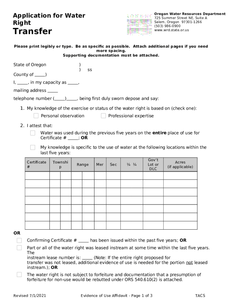 Application for water right transfer evidence of use affidavit Doc ...