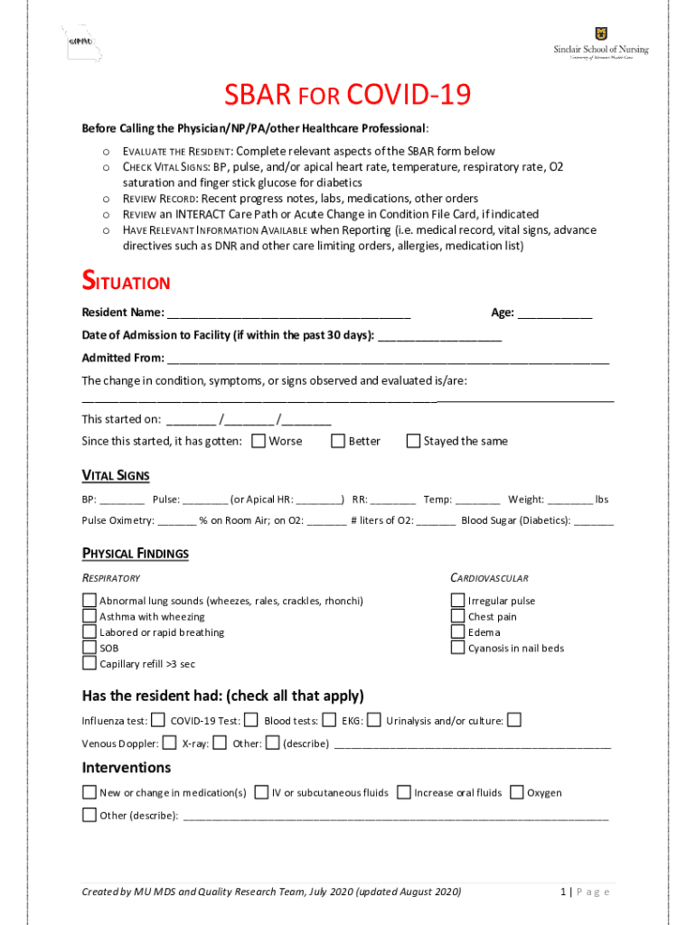 Fillable Online Sbar for respiratory infection" Keyword Found Websites ...