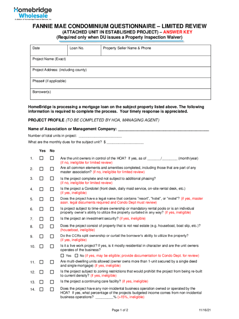 Fillable Online FANNIE MAE CONDOMINIUM QUESTIONNAIRE LIMITED REVIEW Fax ...