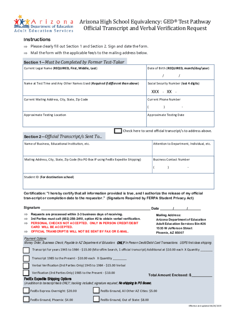 Fillable Online Arizona High School Equivalency: GED Test Pathway Fax ...