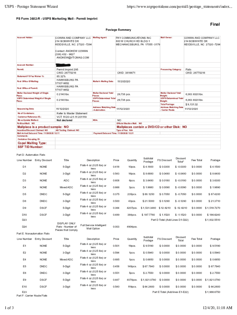 Fillable Online PS Form 3602-R - USPS Marketing Mail - Permit Imprint ...