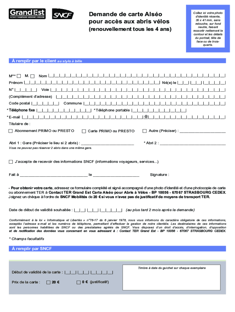Remplissable En Ligne Demande de carte Also pour accs aux abris vlos retouche ... Fax Email ...