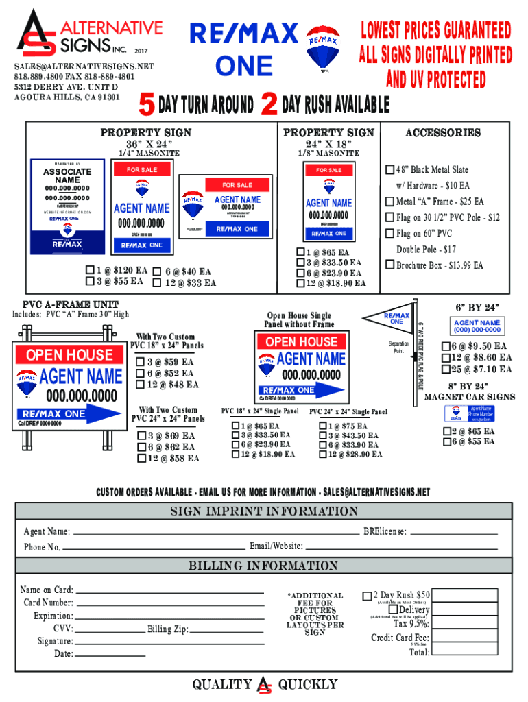 Fillable Online REMAX ONE ORDER FORM Fax Email Print - pdfFiller