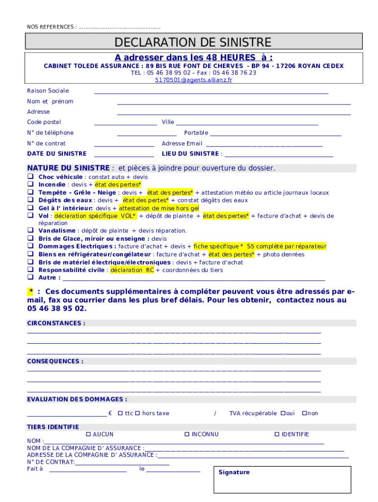 Remplissable En Ligne DECLARATION DE SINISTRE VOL DE VEHICULE - Assurance mobilhome Fax Email ...