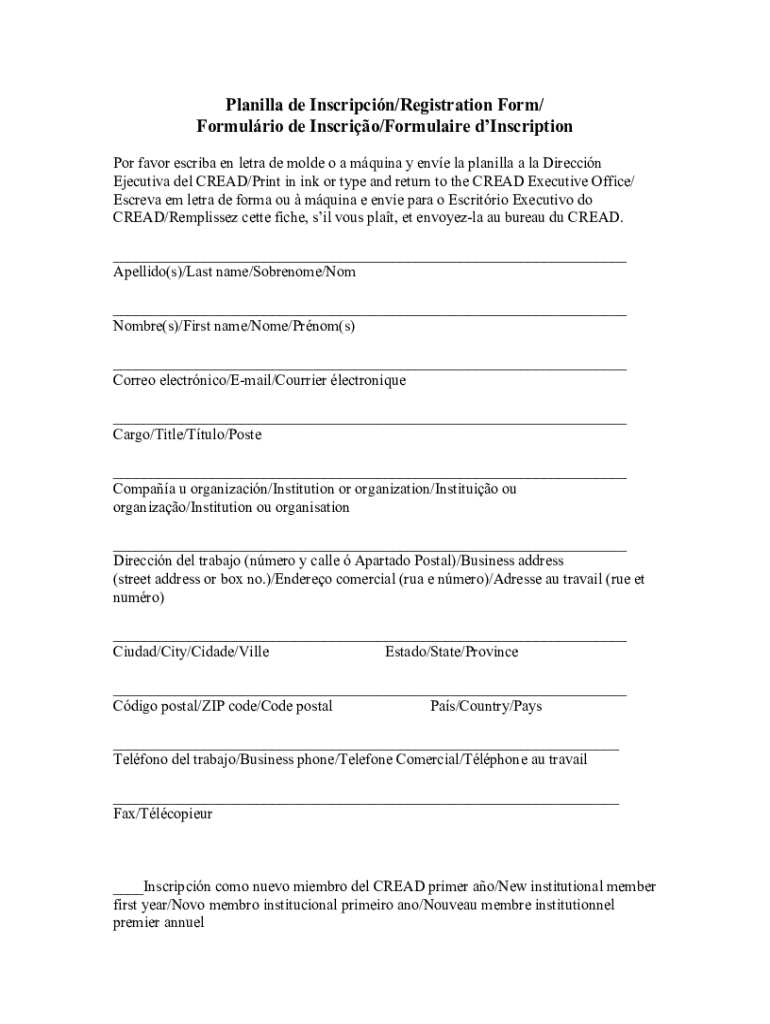 Fillable Online Planilla de Inscripcin/Registration Form/ Formulrio de ...