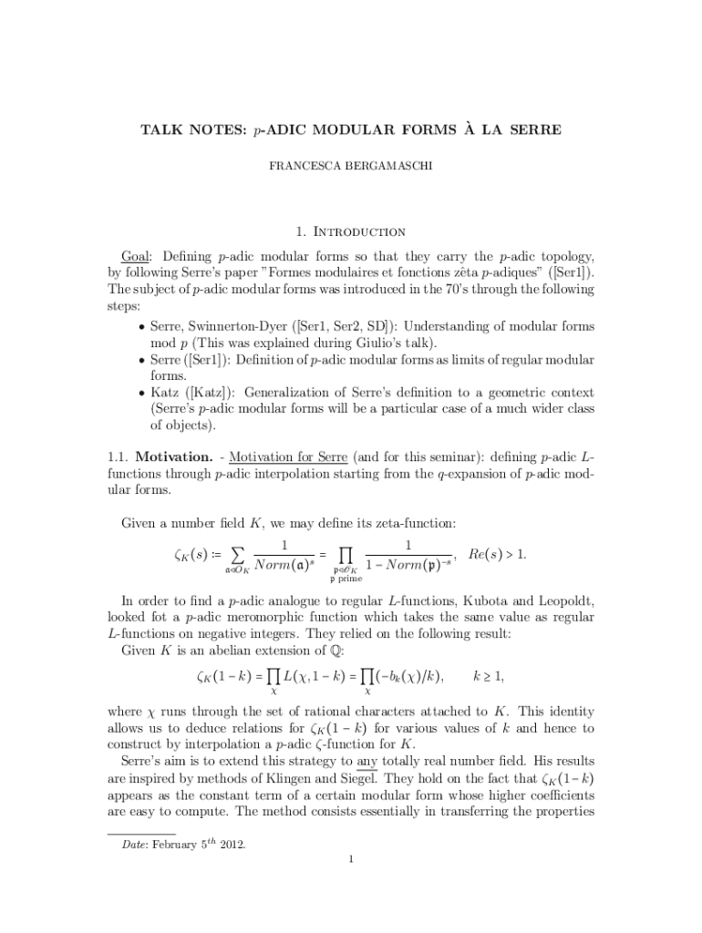 Fillable Online TALK NOTES: p-ADIC MODULAR FORMS A LA SERRE Fax Email ...