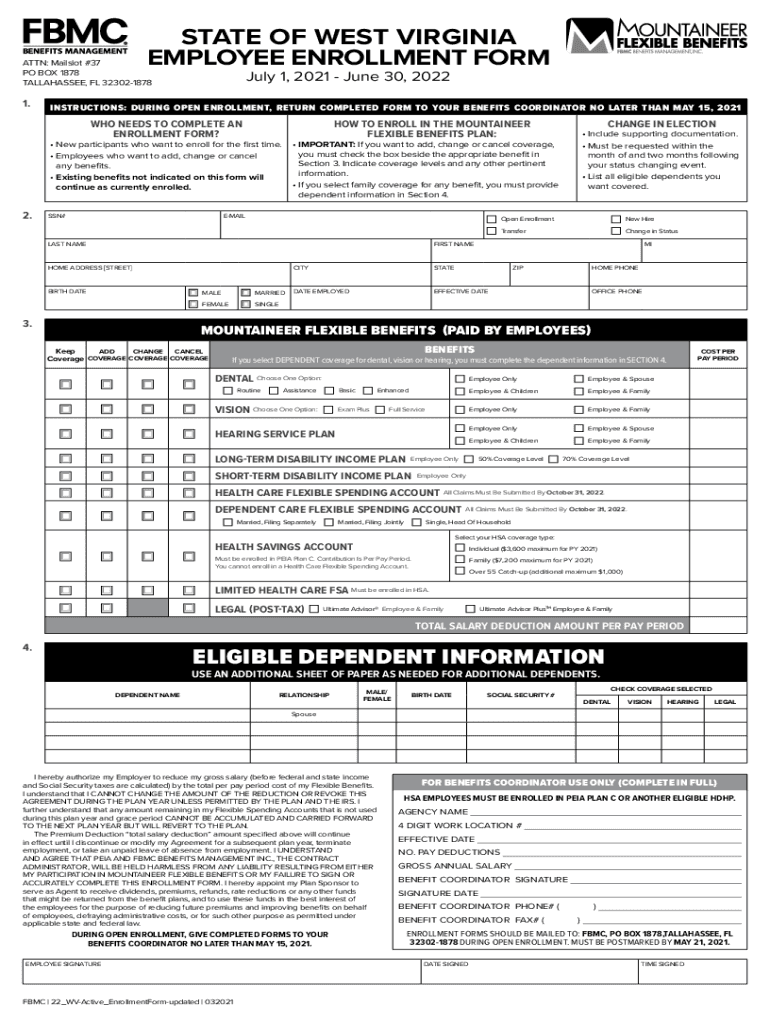 Fillable Online peia wv STATE OF WEST VIRGINIA EMPLOYEE ENROLLMENT FORM Fax Email Print - pdfFiller