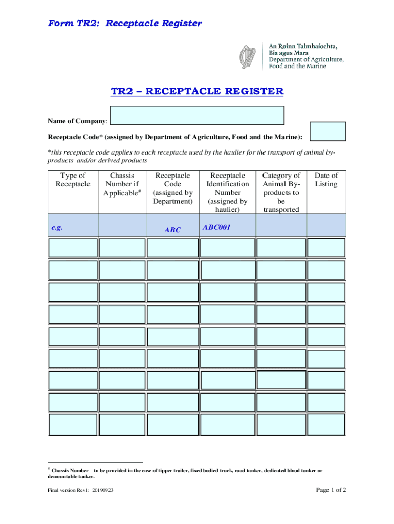 Fillable Online TR2 RECEPTACLE REGISTER - assets.gov.ie Fax Email Print ...