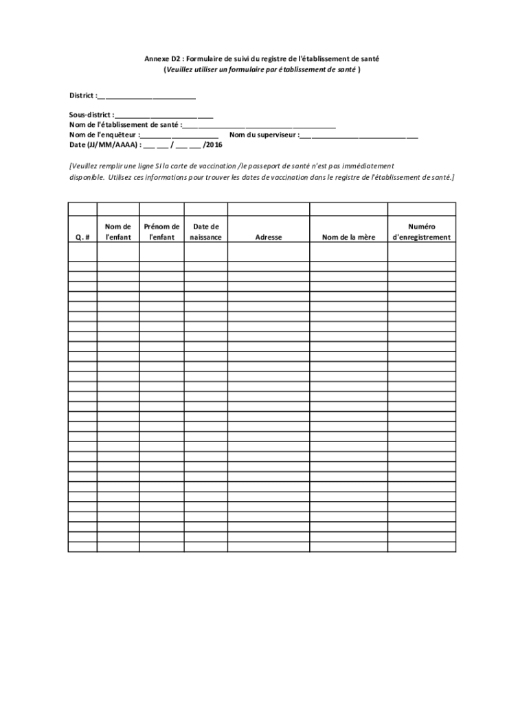 Fillable Online Formulaire de suivi du registre de l'tablissement de ...