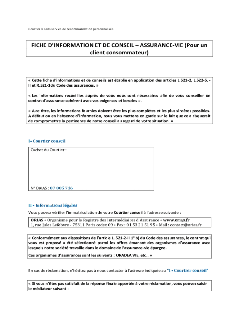 Remplissable En Ligne FICHE DINFORMATION ET DE CONSEIL ASSURANCE-VIE (Pour un ... Fax Email ...