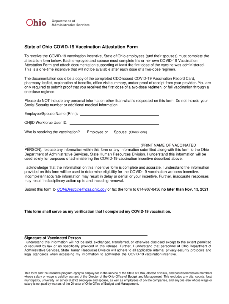 Fillable Online State of Ohio COVID-19 Vaccination Attestation Form Fax ...