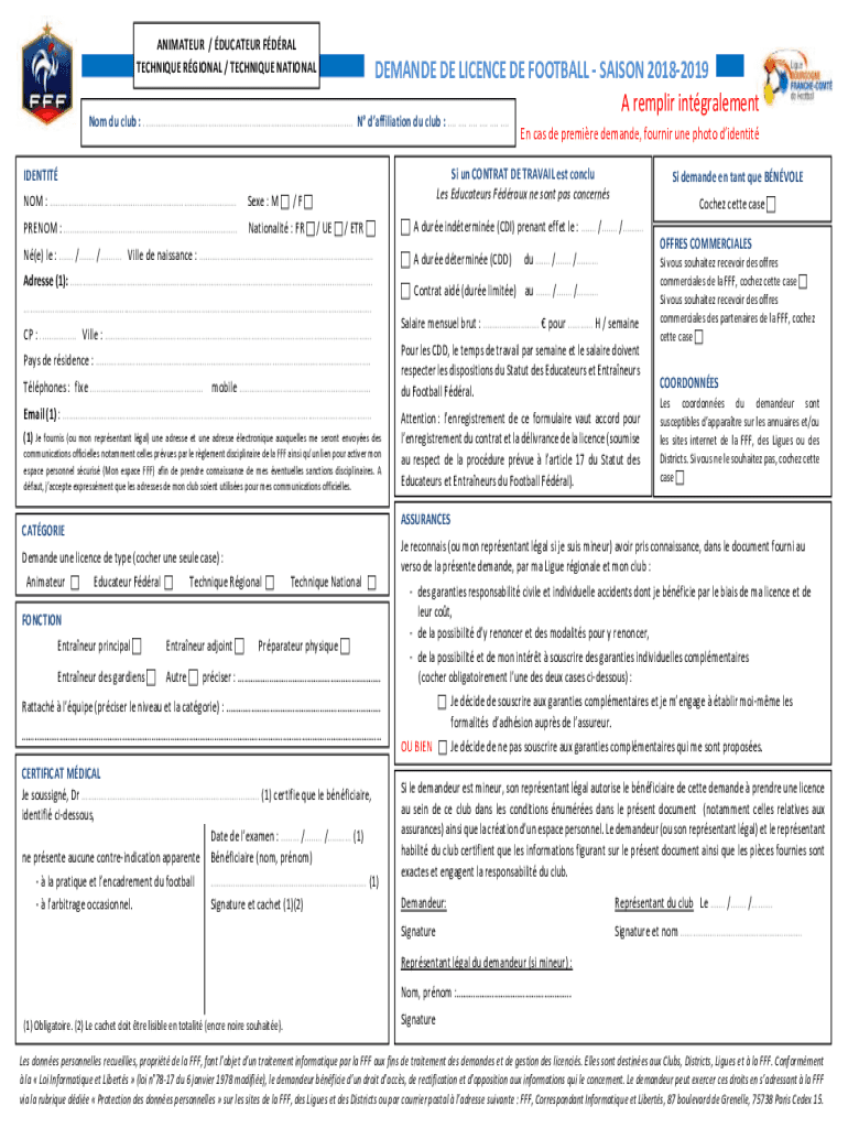 Remplissable En Ligne ANIMATEUR / DUCATEUR FDRAL DEMANDE DE LICENCE DE ... Fax Email Imprimer ...