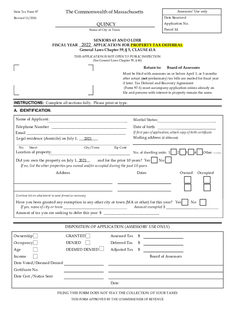 Fillable Online City of Quincy Assessors Department CL 17D (Blue Form ...