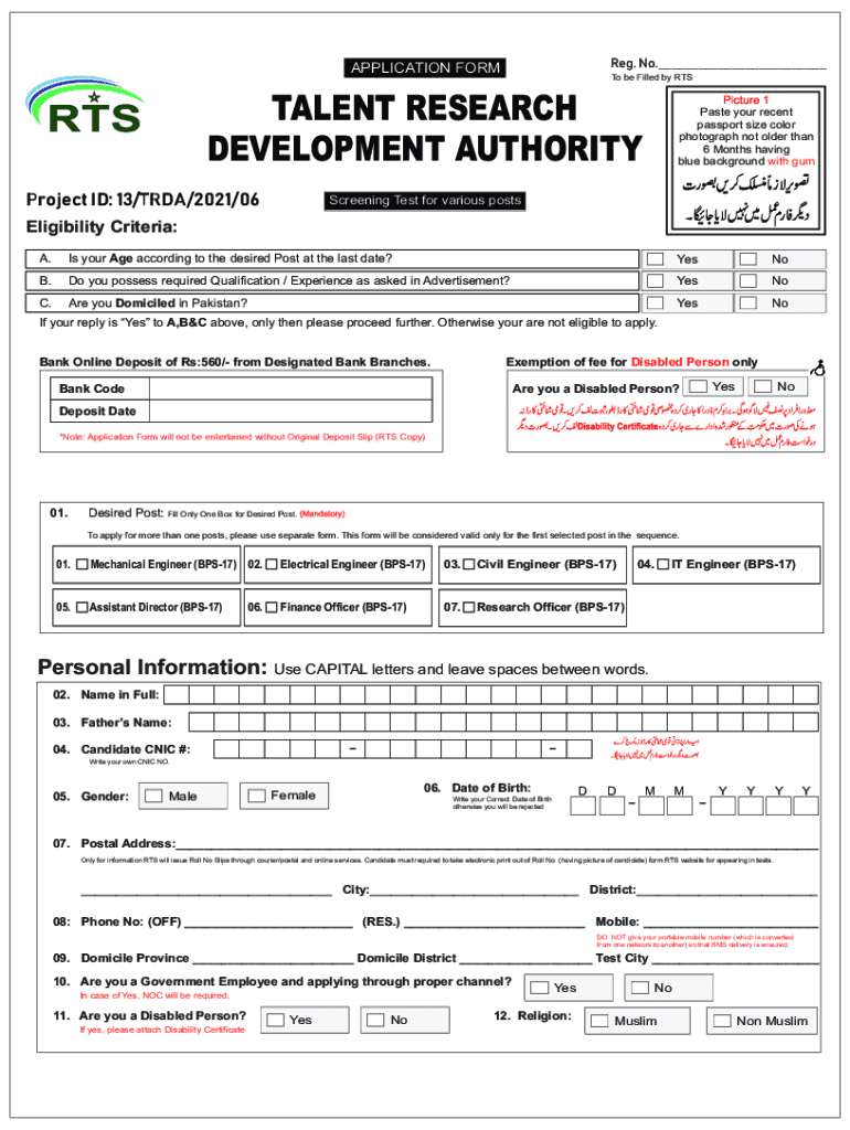 Fillable Online rtspk.orgassetslibAPPLICATION FORM Reg. No. RTS TALENT ...