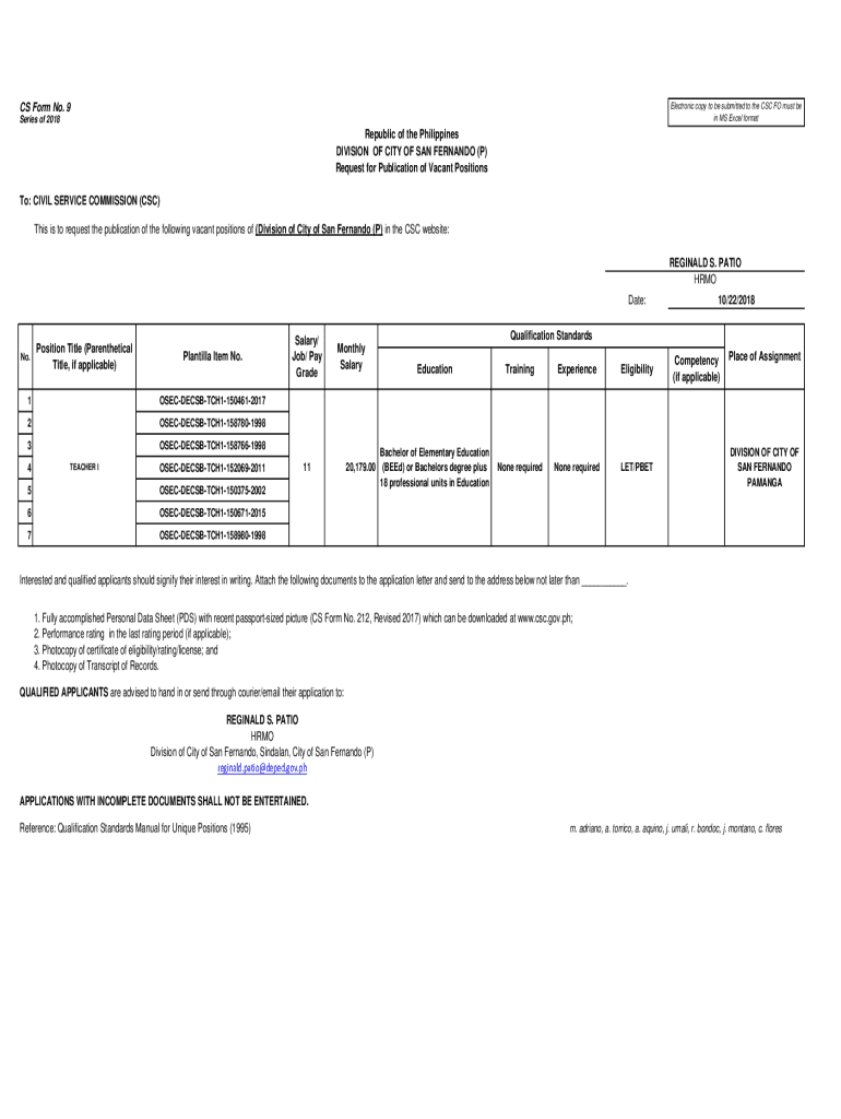 Fillable Online ro1.csc.gov.phphocadownloaduseruploadCS Form No. 9 ...