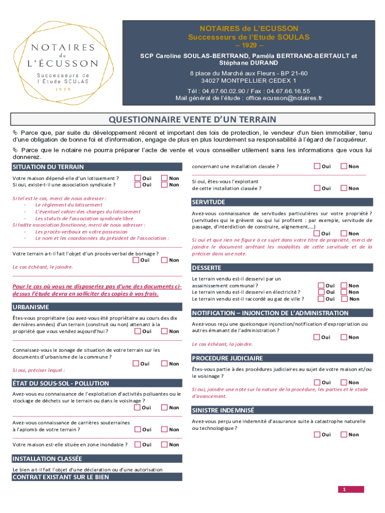 Remplissable En Ligne QUESTIONNAIRE VENTE DUN TERRAIN Fax Email ...