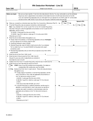 Fillable Online IRA Deduction Worksheet - Line 32 Form 1040 2016 Fax ...