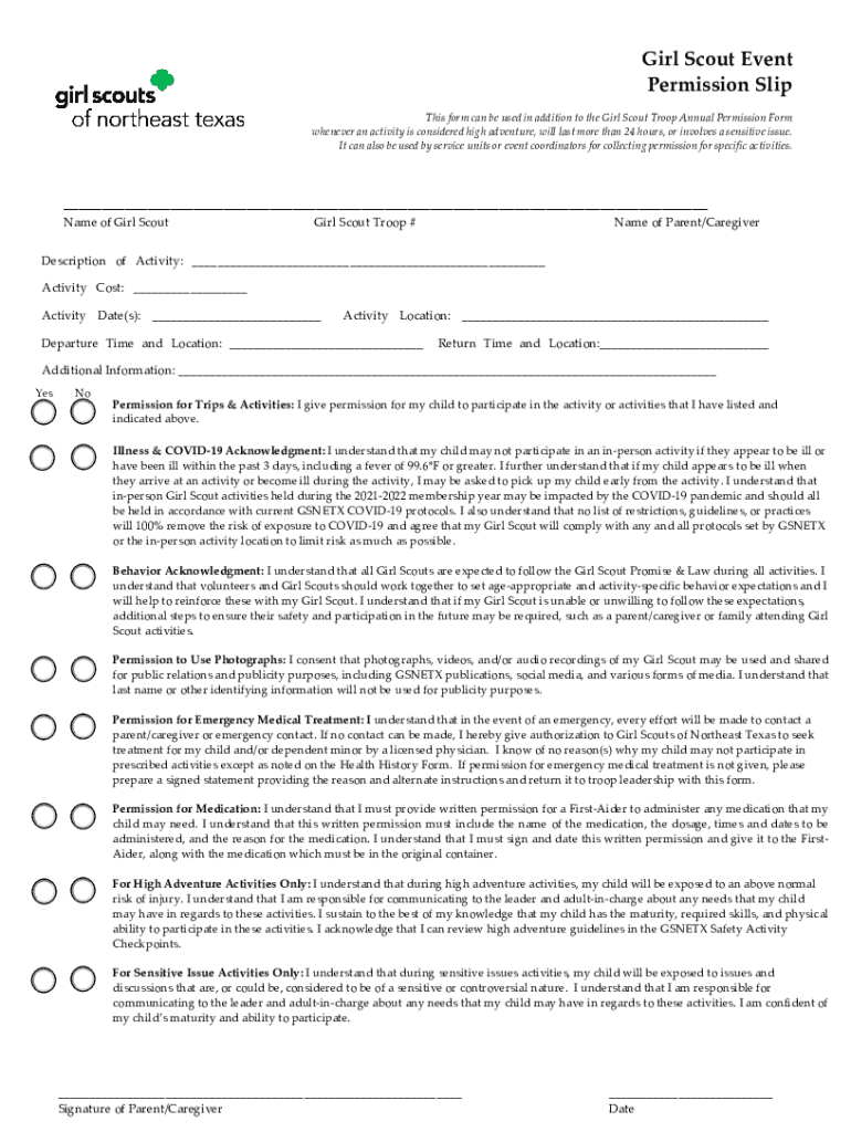 Fillable Online Fillable Annual Permission Form - Girl Scouts of ...