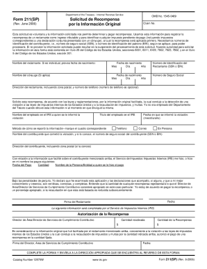 Fillable Online Form 211 211(SP) Application for Reward for Original ...