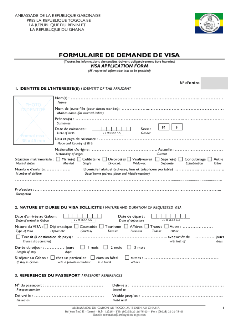 Fillable Online Formulaire de demande de Visa - Ambassade du Gabon au ...
