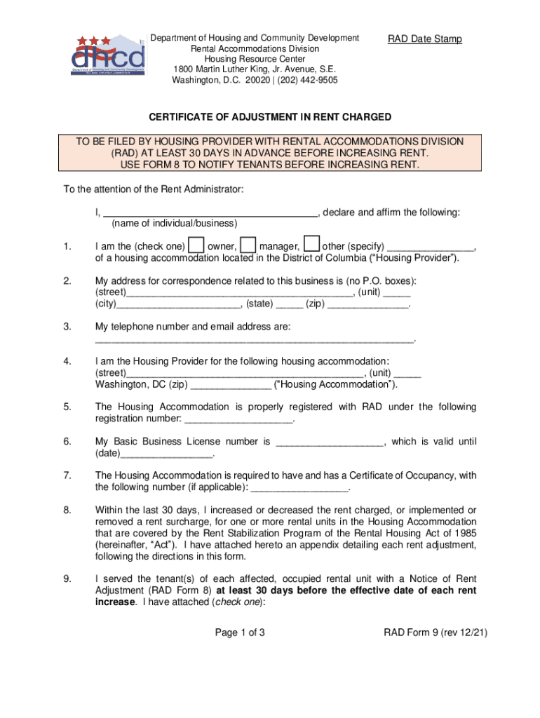 Fillable Online dhcd dc RAD Date Stamp Page 1 of 3 RAD Form 9 (rev 12/21) CERTIFICATE ... Fax ...