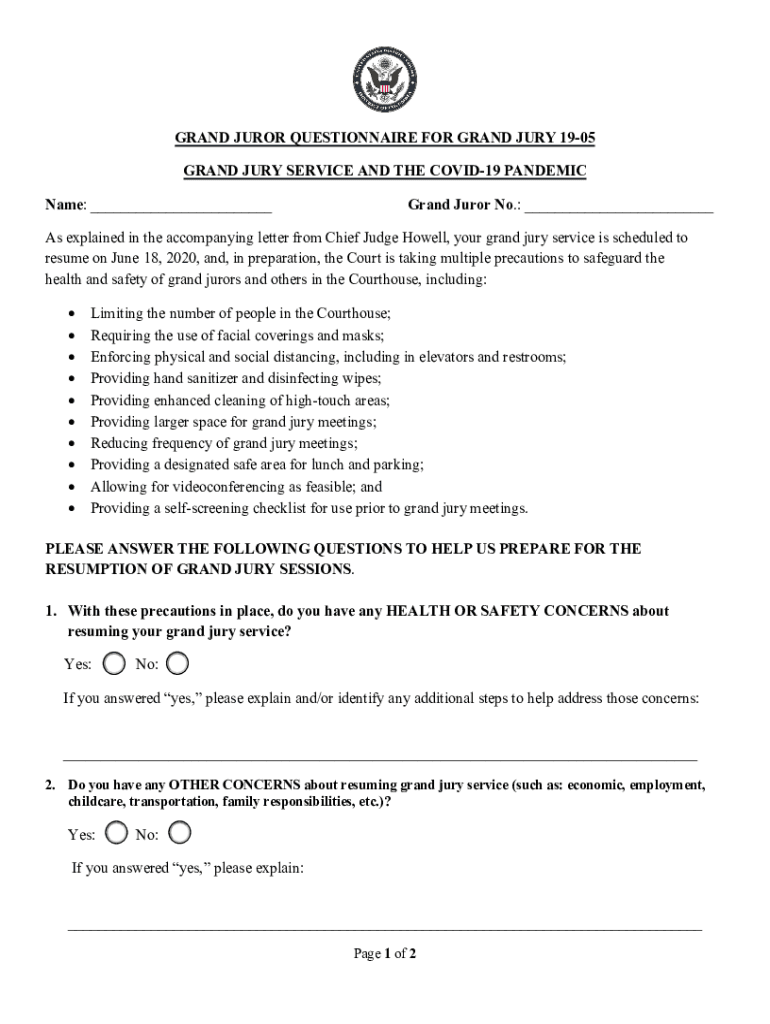 Fillable Online GRAND JUROR QUESTIONNAIRE FOR GRAND JURY 19-05 ... Fax ...
